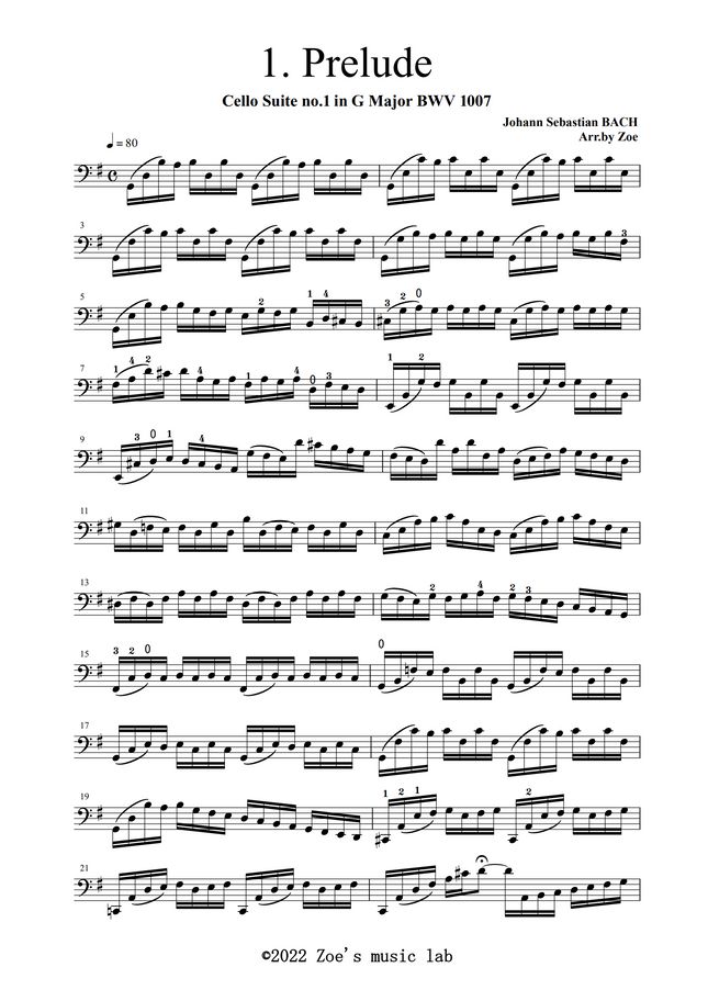J S BACH チェロ楽譜 無伴奏チェロ組曲 より 第1番 プレリュード BWV1007 Cello BACH Prelude 無伴奏