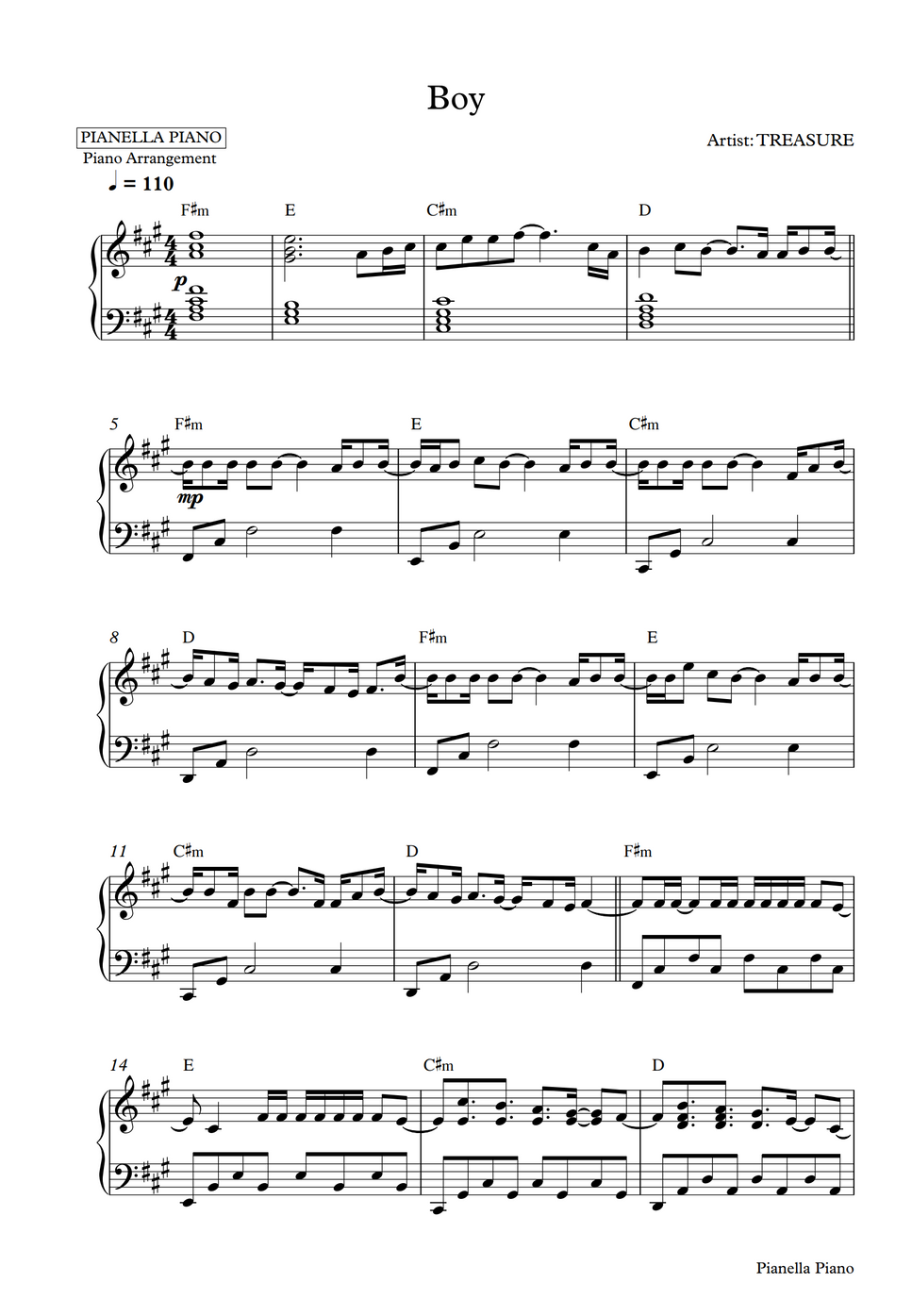 TREASURE - BOY (Piano Sheet) by Pianella Piano نوتة