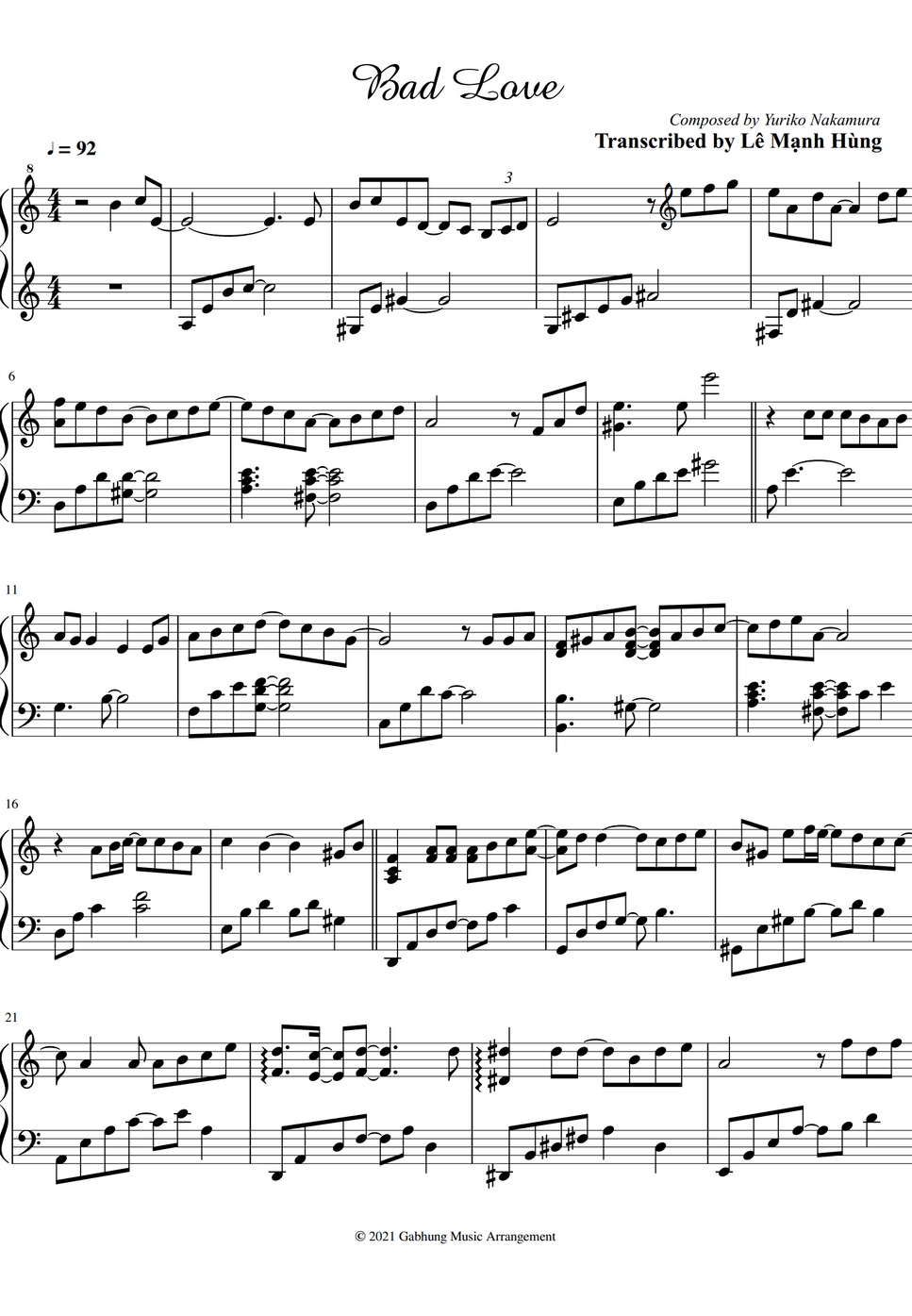 Yuriko Nakamura - Bad Love (Transcribed) by Le Manh Hung แผ่น