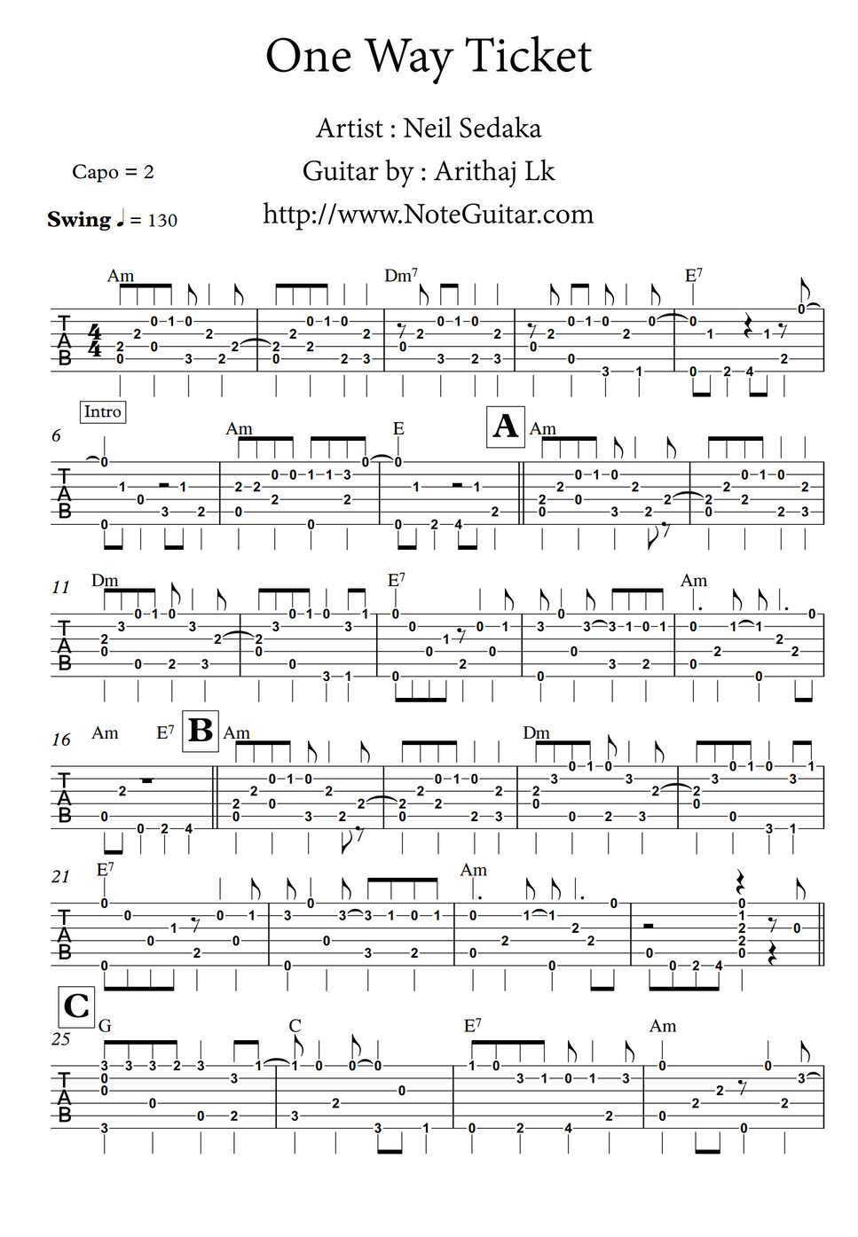 Neil Sedaka - One Way Ticket (Neil Sedaka) - Fingerstyle Guitar TAB by ...