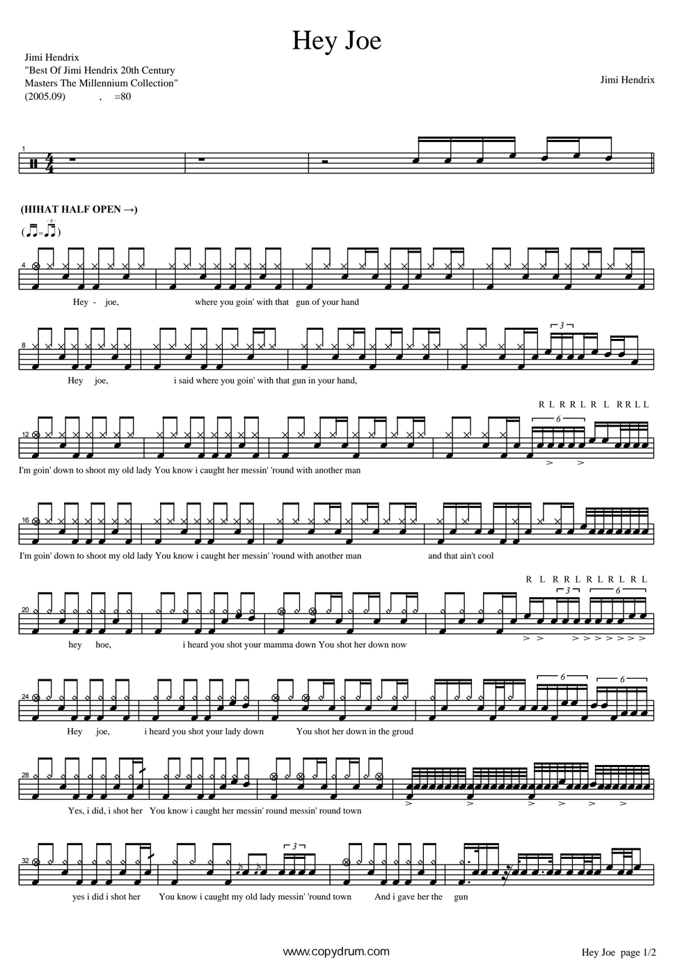 Jimi Hendrix - Hey joe Sheet by COPYDRUM