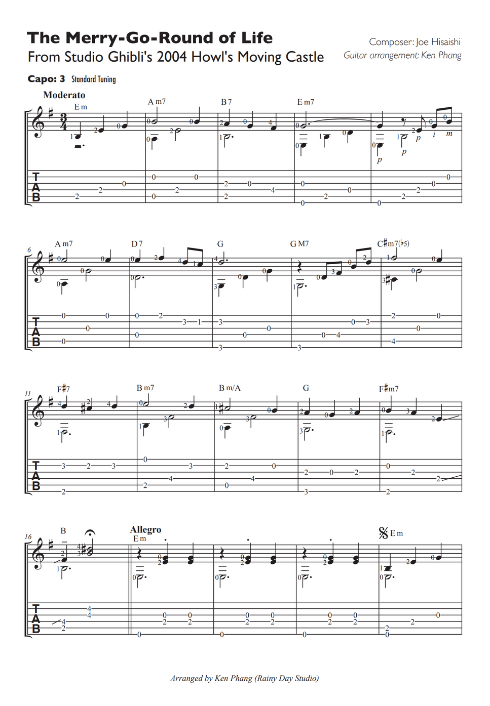 Howl’s Moving Castle - The Merry-Go-Round of Life (Easy Guitar) by ...