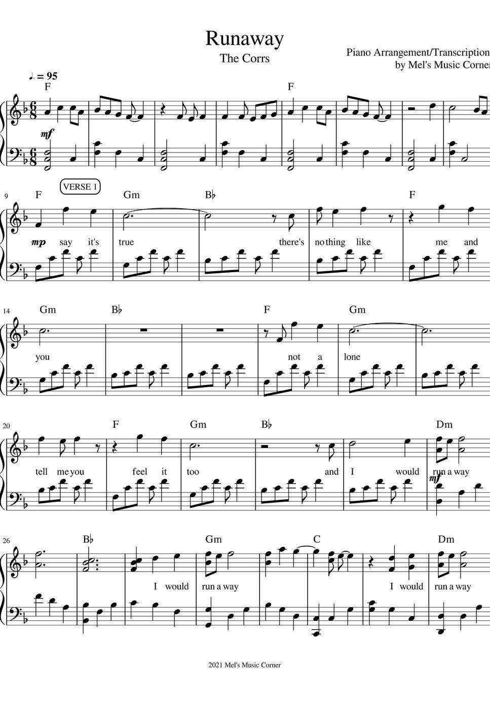 The Corrs - Runaway (piano sheet music) 曲谱 by Mel's Music Corner