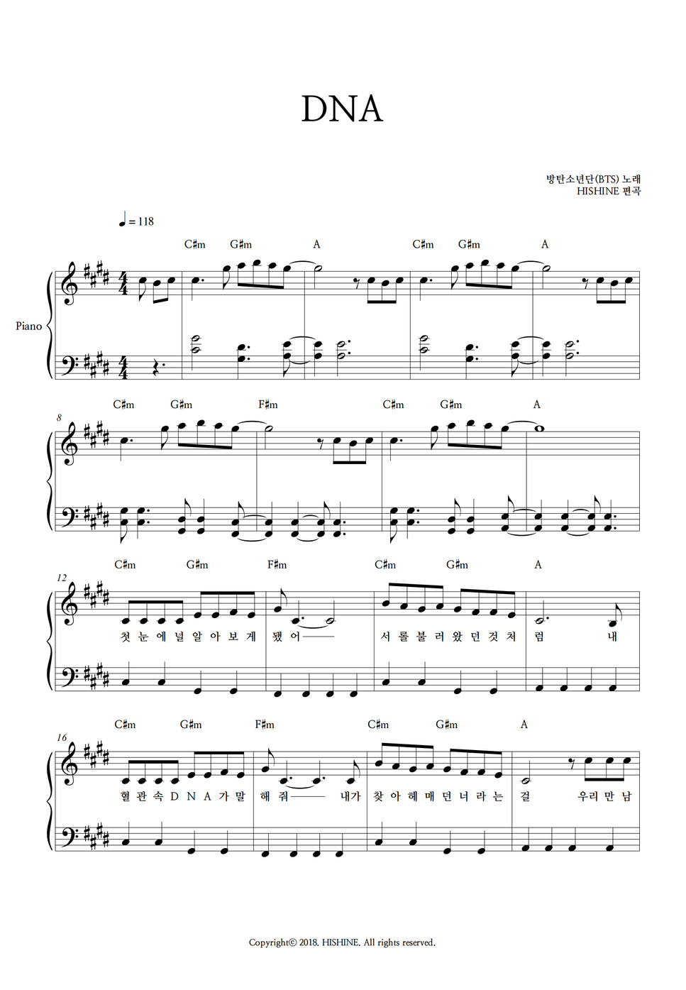 BTS - DNA Easy Piano Hoja