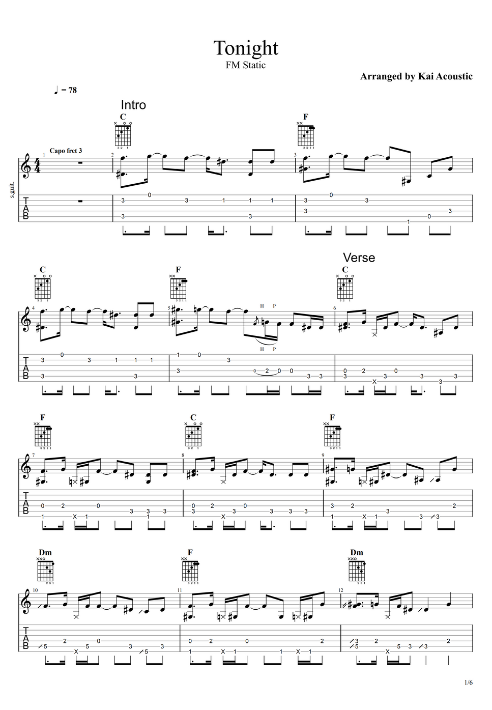 FM Static - Tonight | Fingerstyle Guitar Tutorial TAB by Kai Acoustic ...