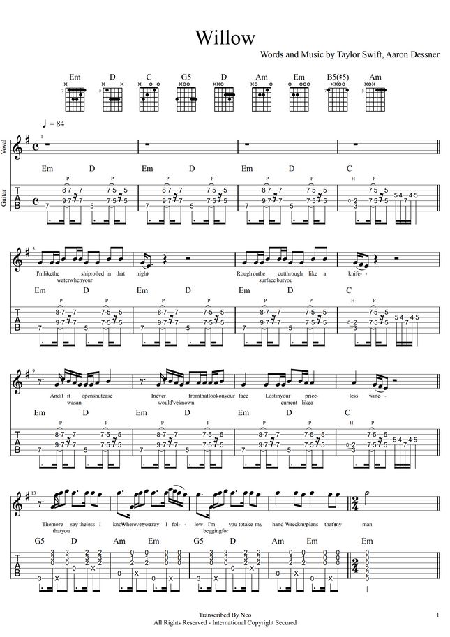 Taylor Swift - willow by Neo Sheet Music