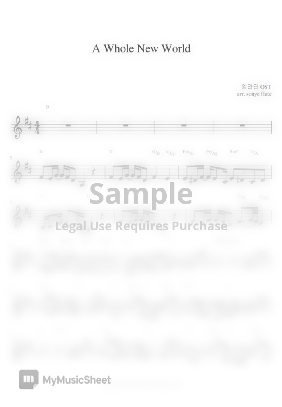 Disney Aladdin OST - A Whole New World (Flute Sheet Music) by sonye flute Sheet