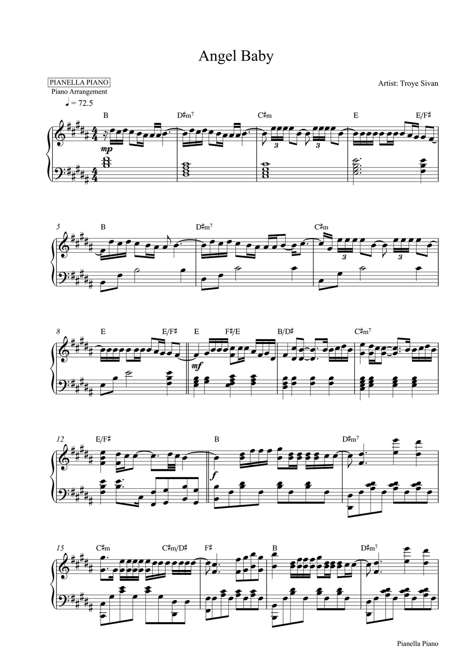 Troye Sivan - Angel Baby (Piano Sheet) by Pianella Piano Spartito