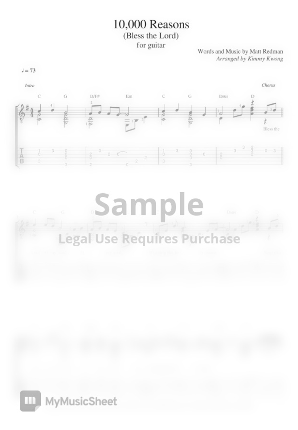 Matt Redman - 10000 REASONS (BLESS THE LORD) (for guitar TAB) 曲谱 + 单线谱 ...