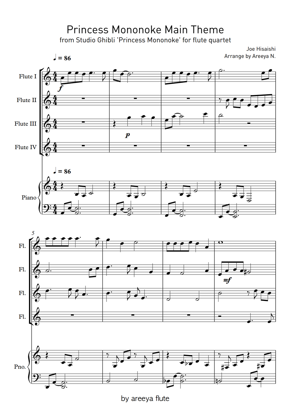 Joe Hisaishi - Princess Mononoke Main Theme (for 4 flutes) by areeya ...