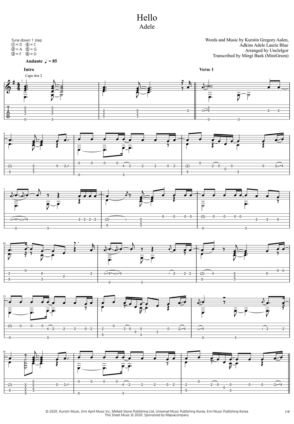 Adele - Hello Tab + 1staff by Igor Presnyakov