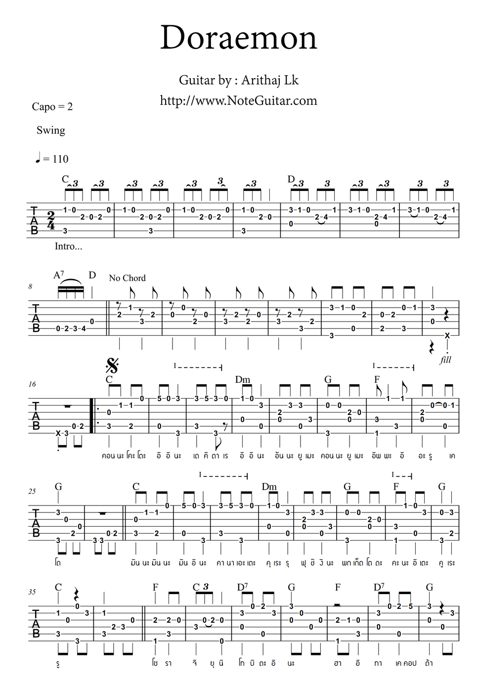 Doramon Ost. - Doraemon - Fingerstyle Guitar by Arithaj Lk Sheet