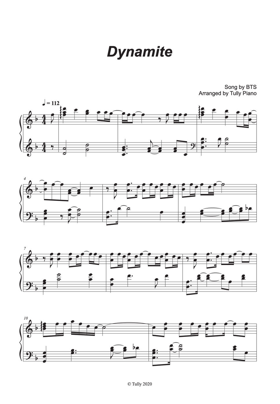 Bts 방탄소년단 Dynamite Easy Key By Tully Piano 악보