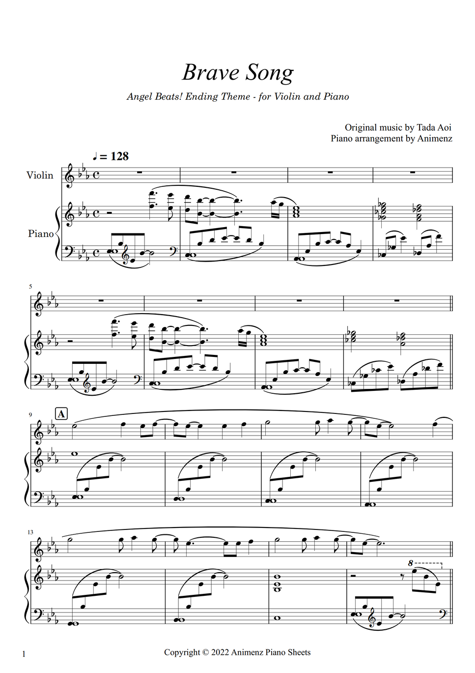 Brave Song - Angel Beats! Ending Theme (For Violin and Piano) by ...