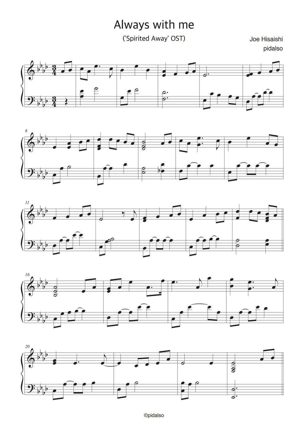 Spirited Away OST - Always With Me by Pidalso 樂譜