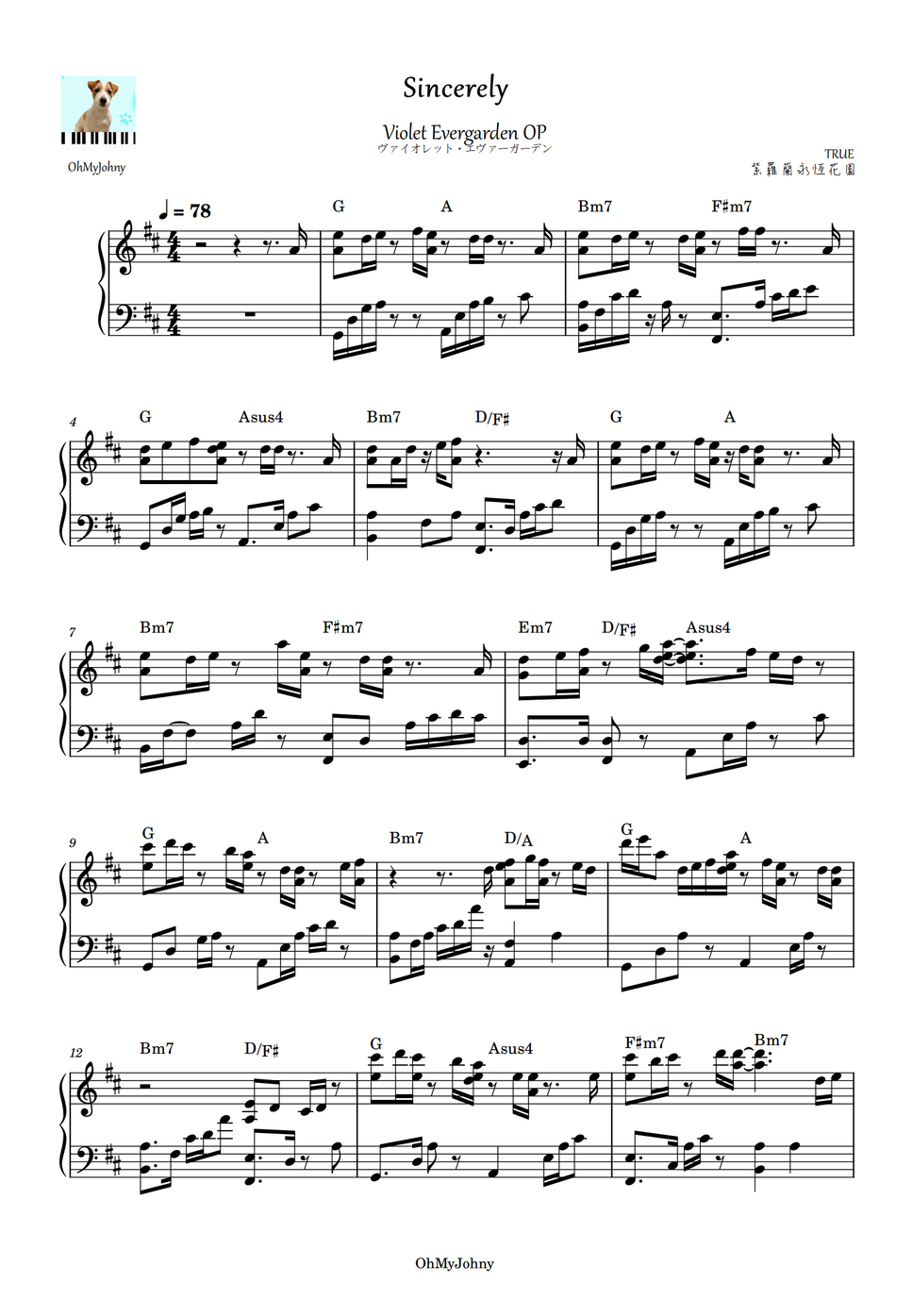 TRUE - sincerely (Piano) Sheet by OhMyJohny