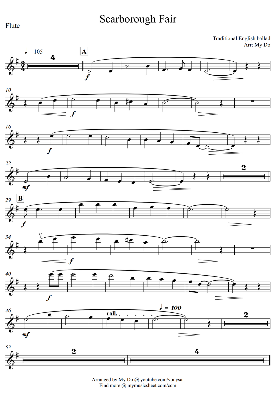 Scarborough Fair for Flute solo (easy) with Piano Accompaniment by My ...