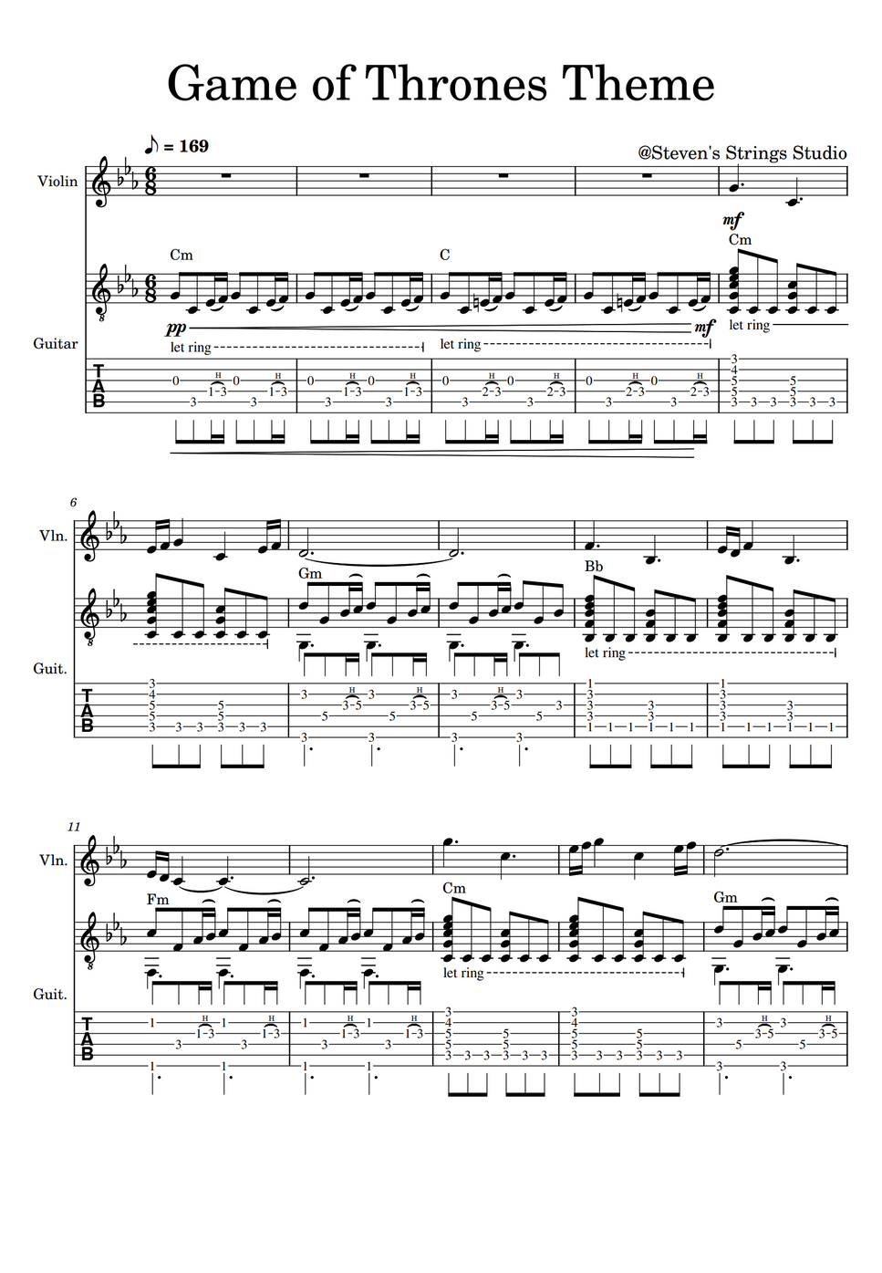 Game of Thrones - Game of Thrones Main Theme (Violin Guitar Duet) by ...