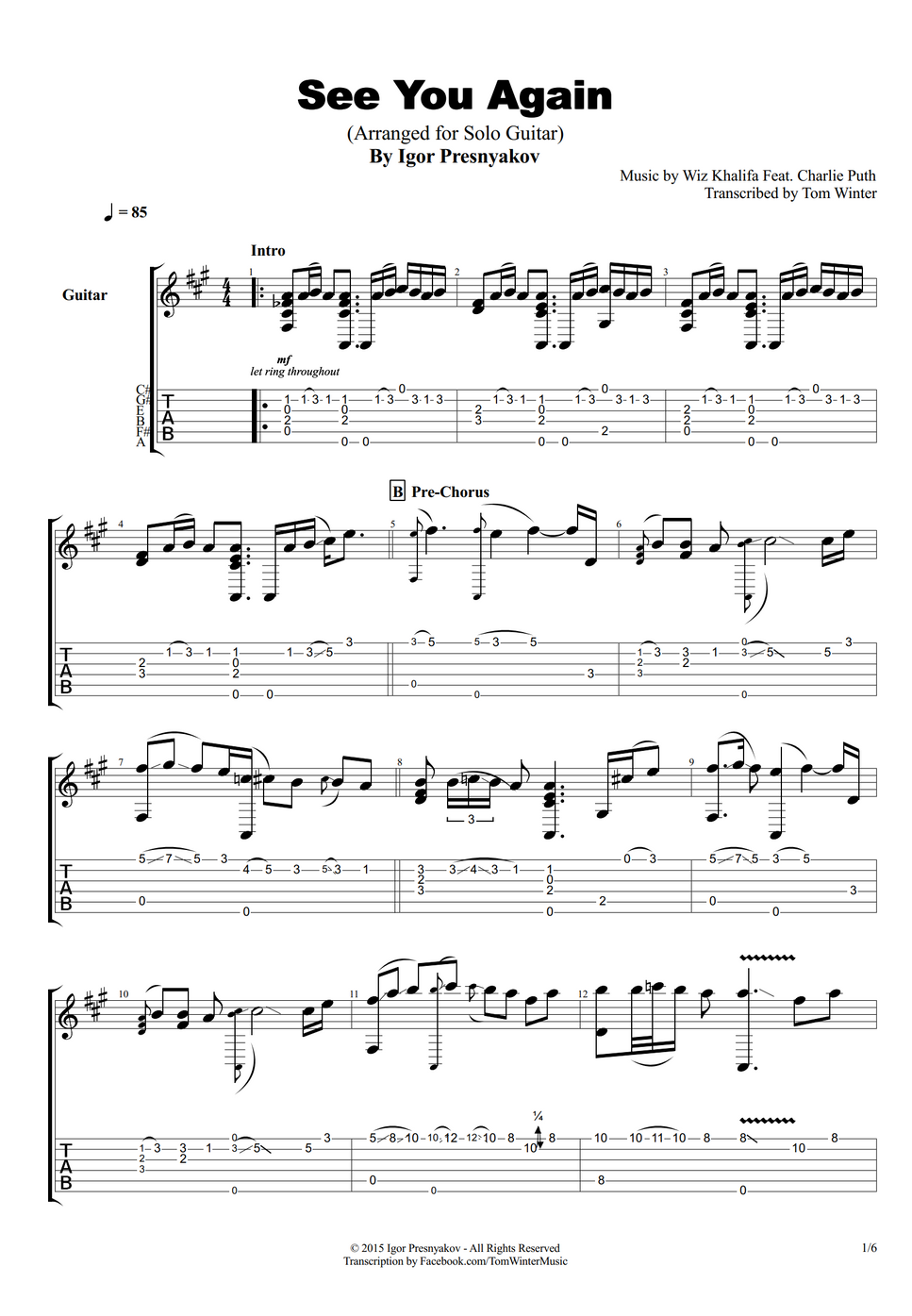 Charlie Puth - See You Again Tab + 1staff by Igor Presnyakov