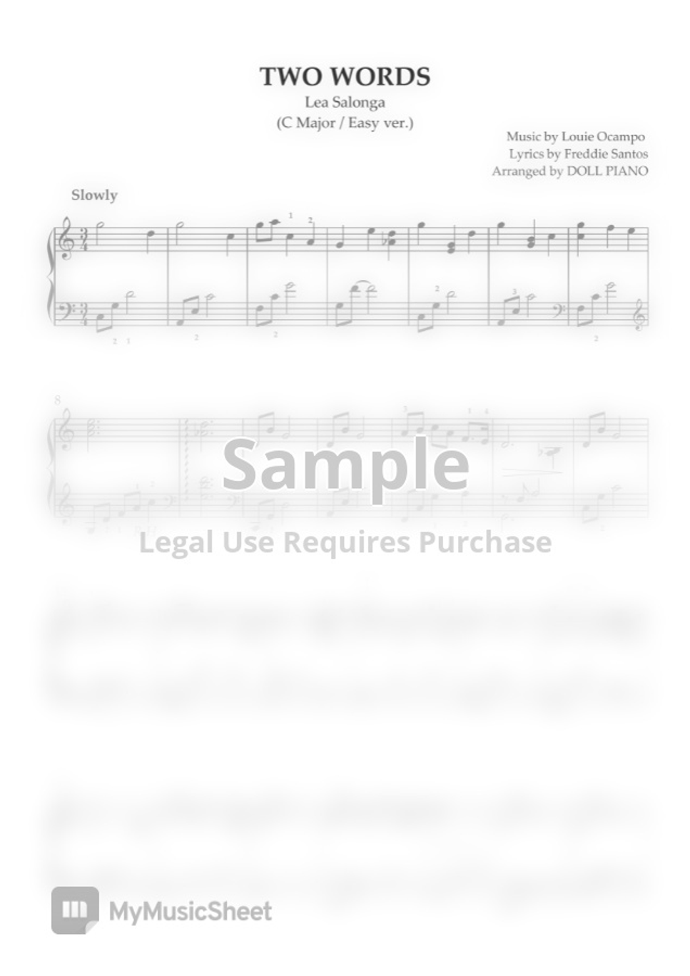 Lea Salonga - Two Words (Easy ver. in C major with Lyrics) by DOLL PIANO 악보