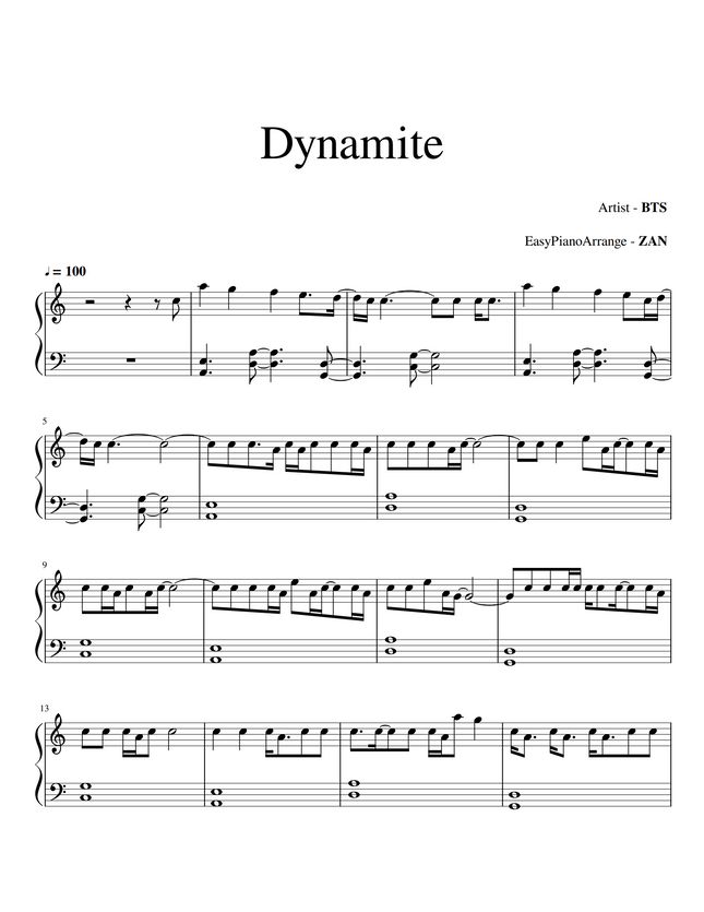Bts 방탄소년단 Dynamite 2 Keys Sheets Easy Piano By Zan Sheet Music