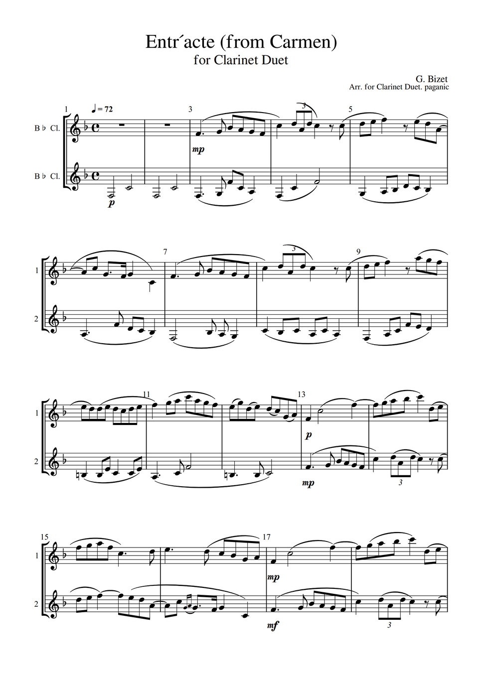 G. Bizet - Entr´acte (from Carmen) (entracte, Carmen, Bizet, 안트렉트, 비제, 카르멘) by paganic Sheet