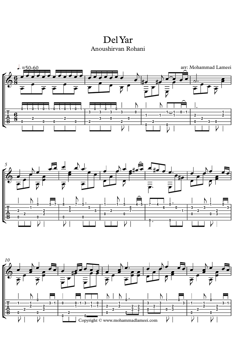 Anoushiravan Rohani - Delyar (The song about love) by Mohammad Lameei แทป + บรรทัด 5 เส้น 1 ชุด แผ่น