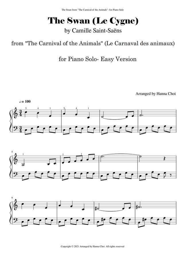 C.Saint-Saens - 동물의 사육제 중 "백조" The Swan from the carnival of the animals (피아노 쉬운 악보) by hanna Sheet