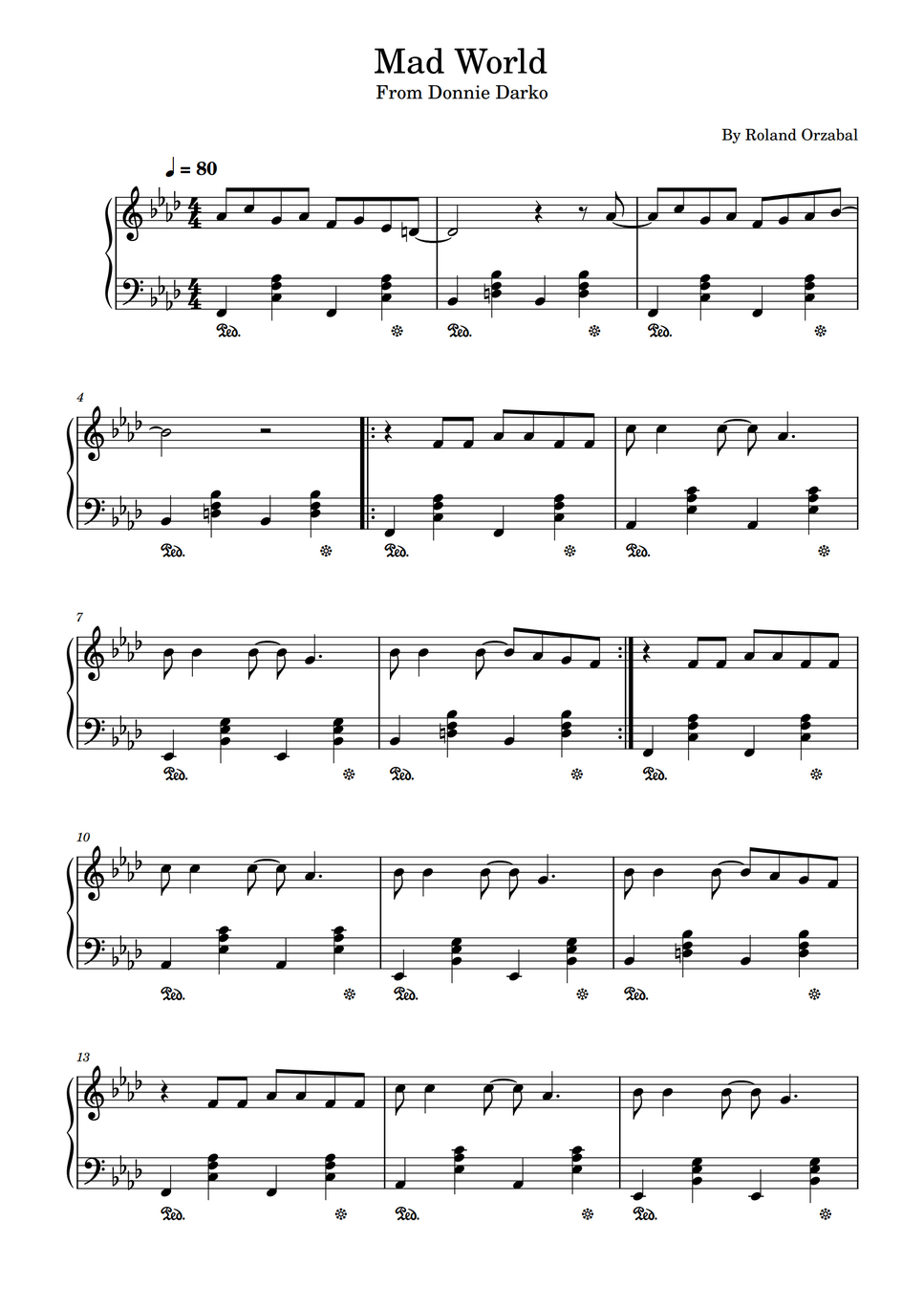 Roland Orzabal - Mad World (电影《死亡幻觉》主题曲,From Donnie Darko,Piano Solo Sheet) by poon Sheet