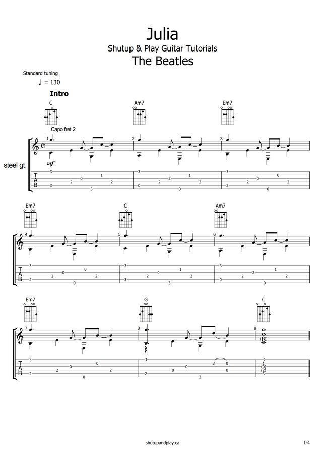 The Beatles Julia By Shutup And Play Guitar Tutorials Tab Sheet Music
