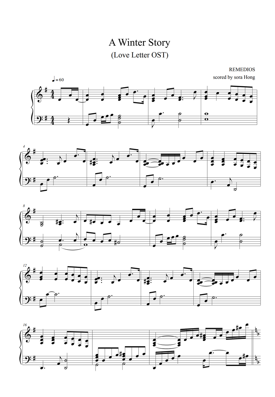 Love Letter OST - A Winter Story by sora Hong نوتة