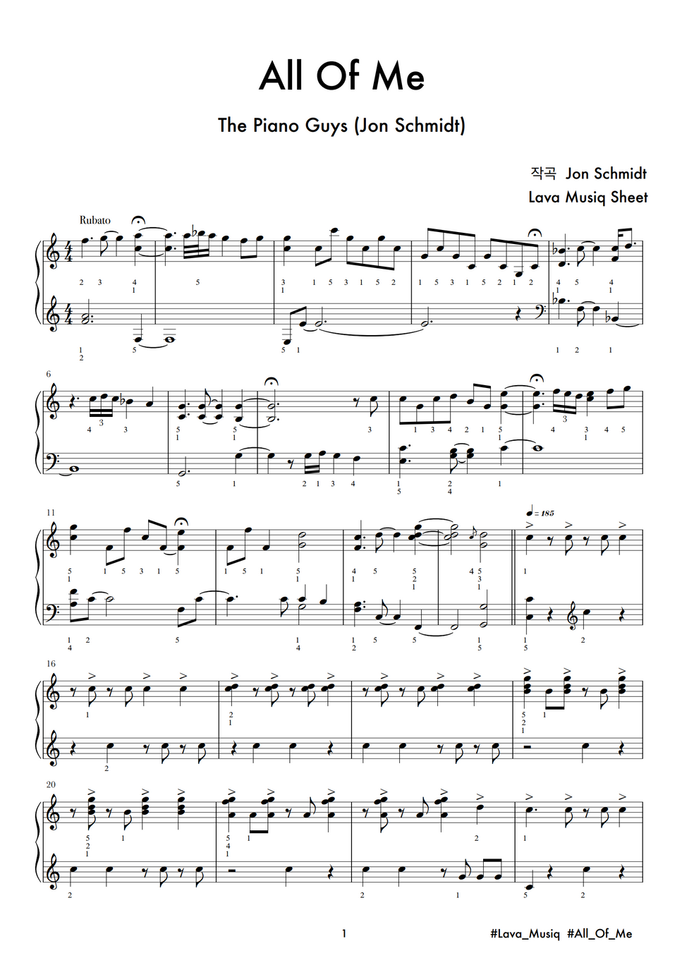 Jon Schmidt - All Of Me (Easy Ver.) by Lava 악보