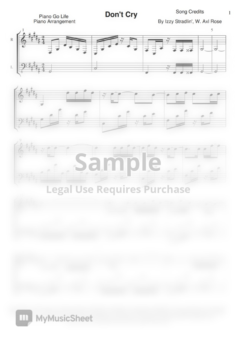 Guns N' Roses - Don't Cry by Piano Go Life แผ่น