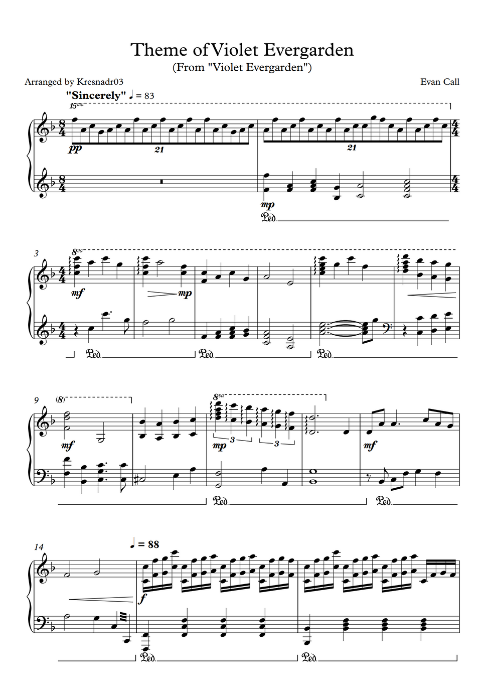 Violet Evergarden - Theme of Violet Evergarden by Kresnadr03 악보