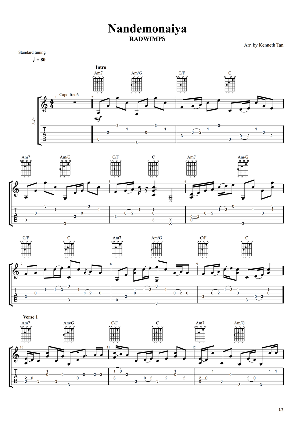 RADWIMPS | Fingerstyle Guitar - Nandemonaiya (Your Name) by Kenneth Acoustic Partitura