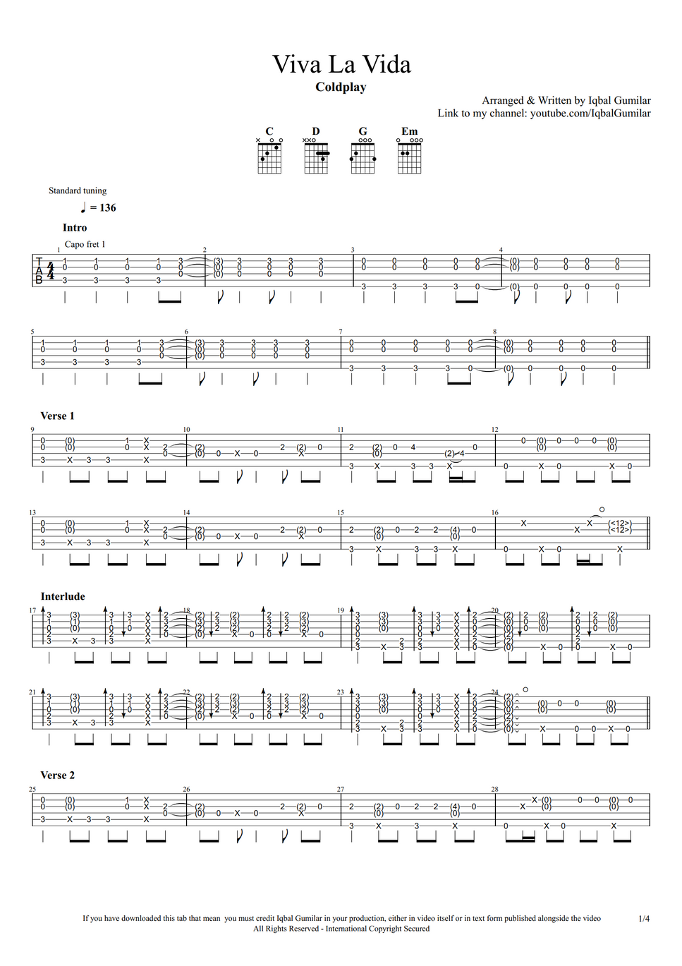 Coldplay - Viva La Vida by Iqbal Gumilar Partition musicale