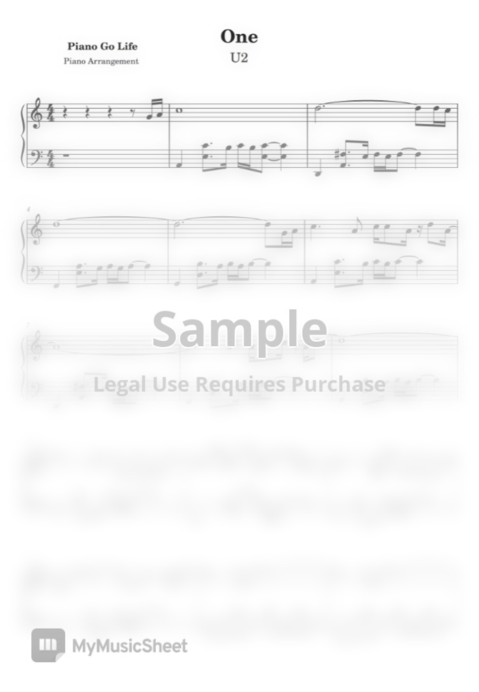 U2 - One by Piano Go Life Partition musicale