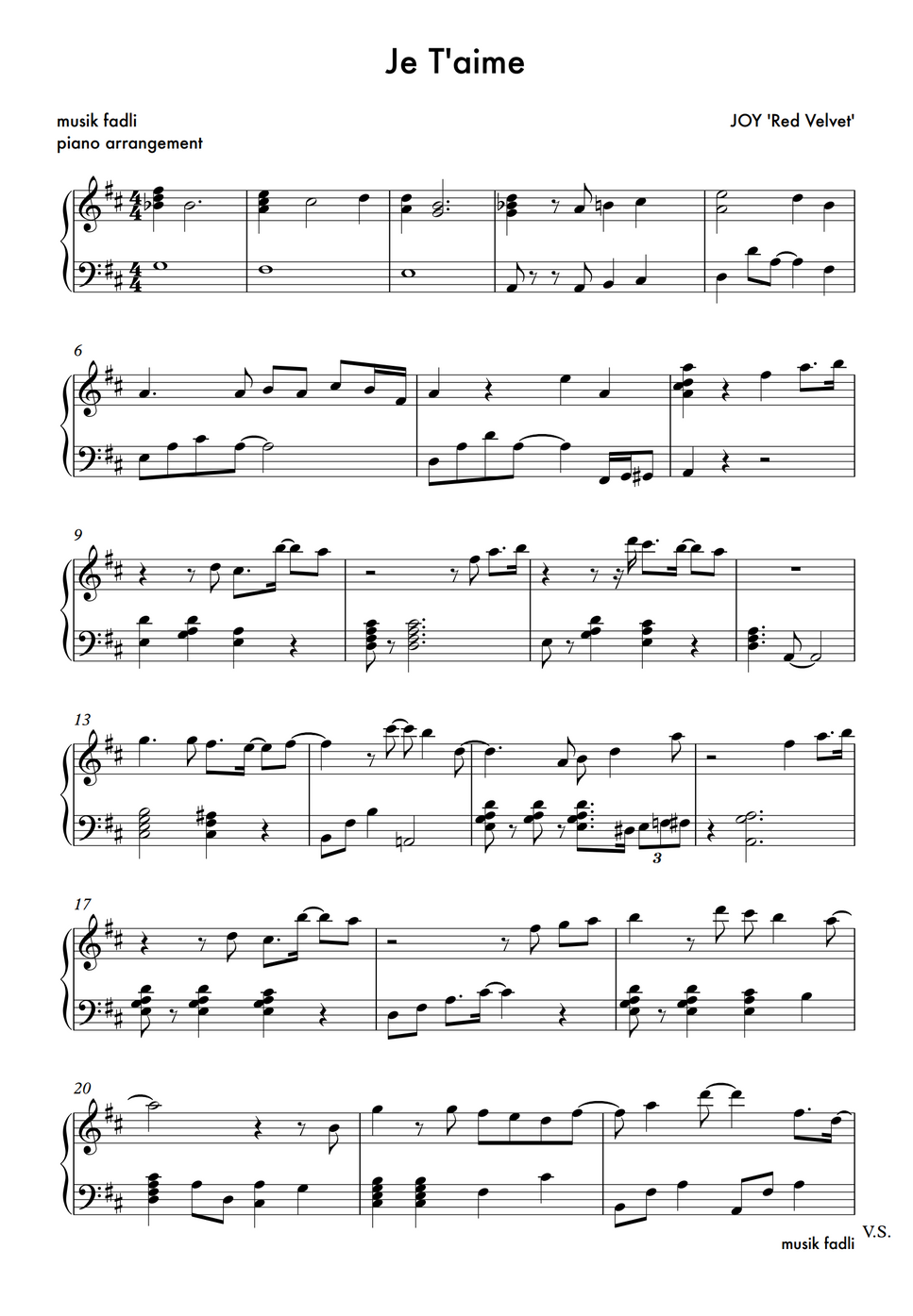 JOY 'Red Velvet' - Je T'aime (Piano) Sheet by musik fadli