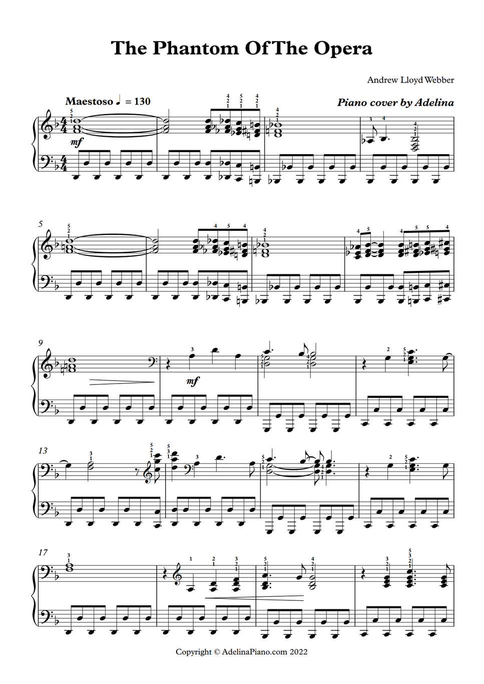 Andrew Lloyd Webber - The Phantom Of The Opera by Adelina Piano 악보
