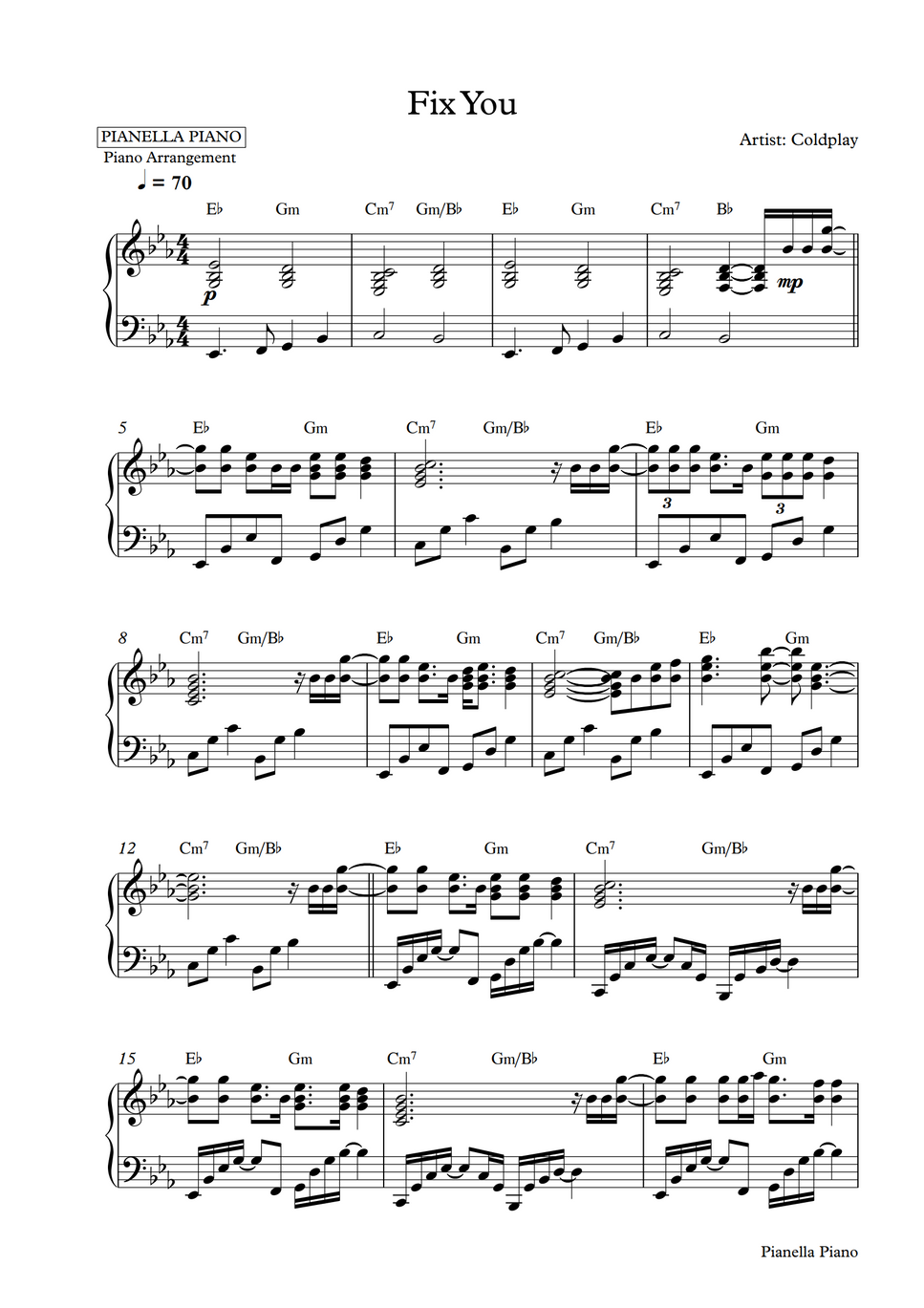 Coldplay - Fix You (Piano Sheet) by Pianella Piano Notenblatt