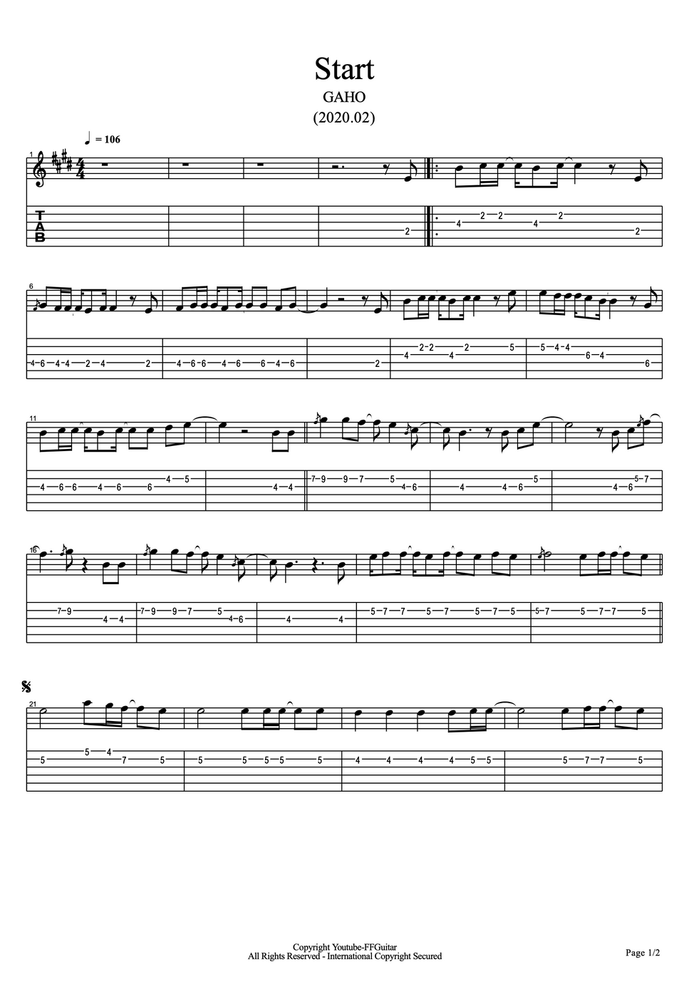 GAHO(가호) - START(시작) Guitar by FFGuitar Sheet