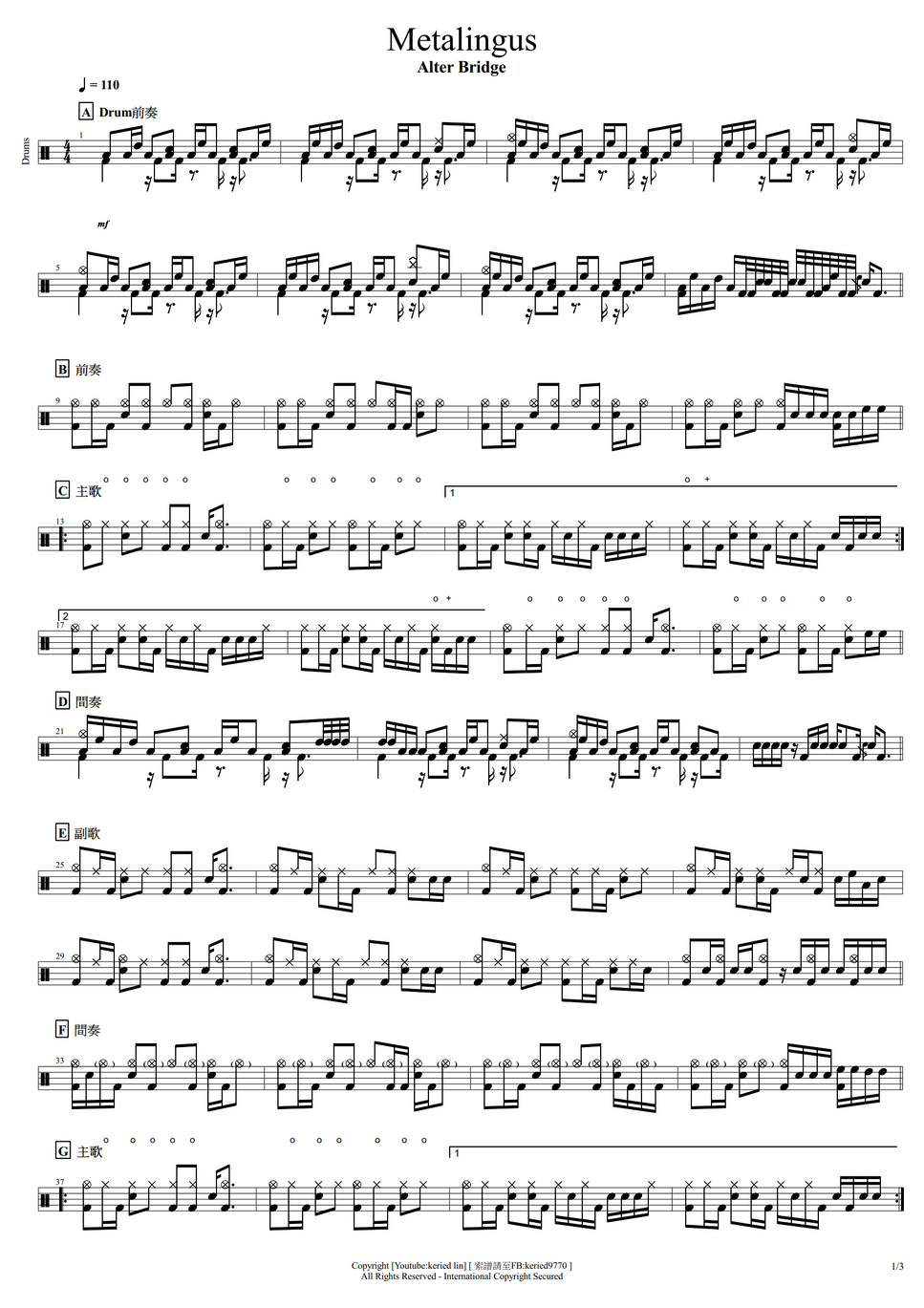 Alter Bridge - Metalingus (鼓譜) by keried Sheet