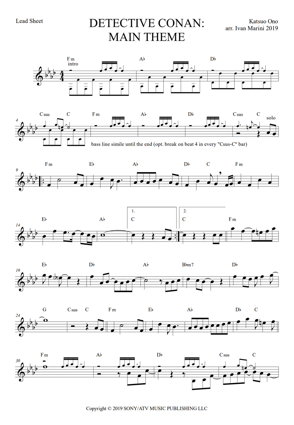 Katsuo Ohno - DETECTIVE CONAN Lead Sheet by Ivan Marini 악보