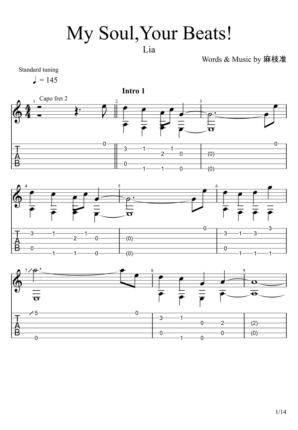 Lia - My Soul,Your Beats! (Fingerstyle) Tab + Partition à une seule portée by u3danchou