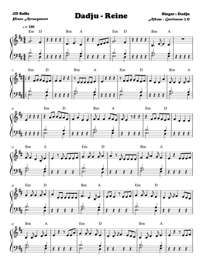 Dadju - Reine (Piano Sheet Level 1) by JD Solfa Sheet Music