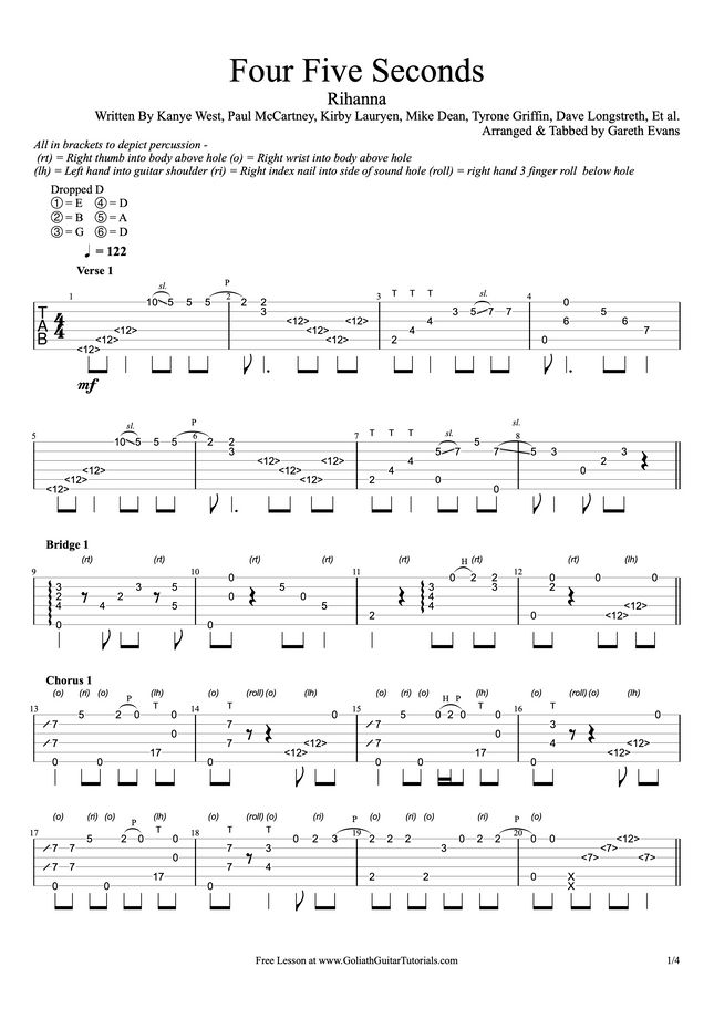 Rihanna - Four Five Seconds (Fingerstyle) by Gareth Evans Sheet Music