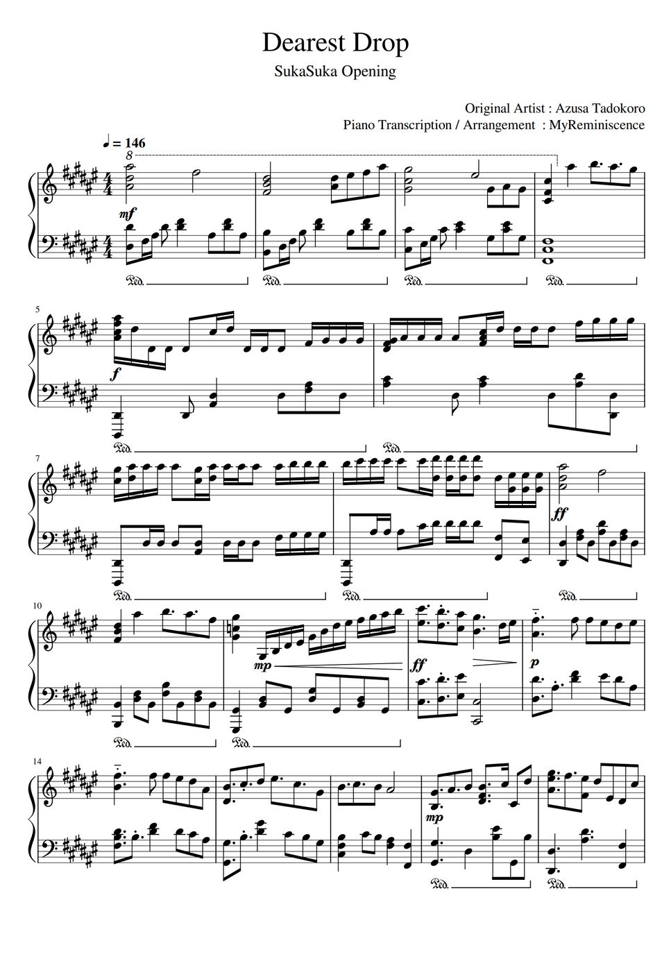 Azusa Tadokoro - Dearest Drop (SukaSuka OP) by Aoryn (MyReminiscence) 악보