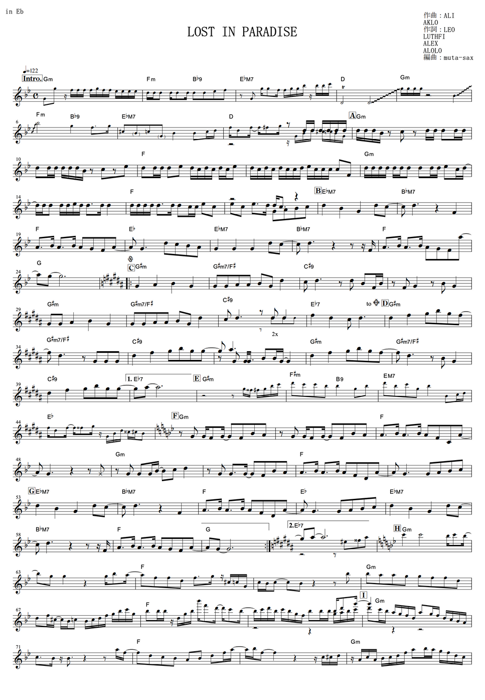 Jujutsu Kaisen - LOST IN PARADISE (in Eb) by ALI ft. AKLO Partitura