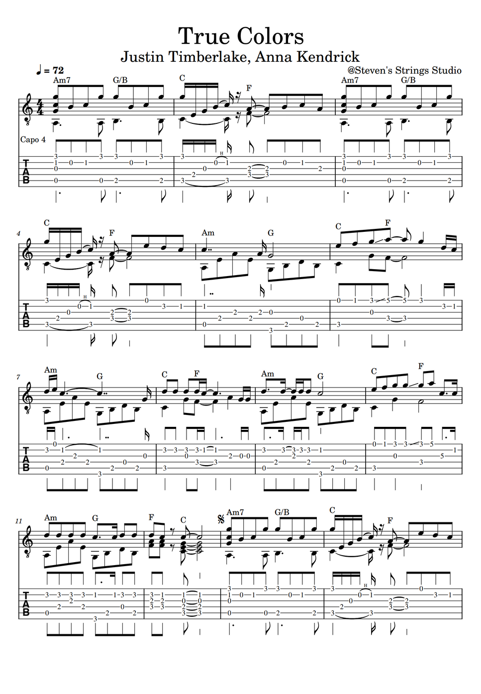 Justin Timberlake, Anna Kendrick - True Colors (Guitar Fingerstyle Solo) by Steven's Strings ...