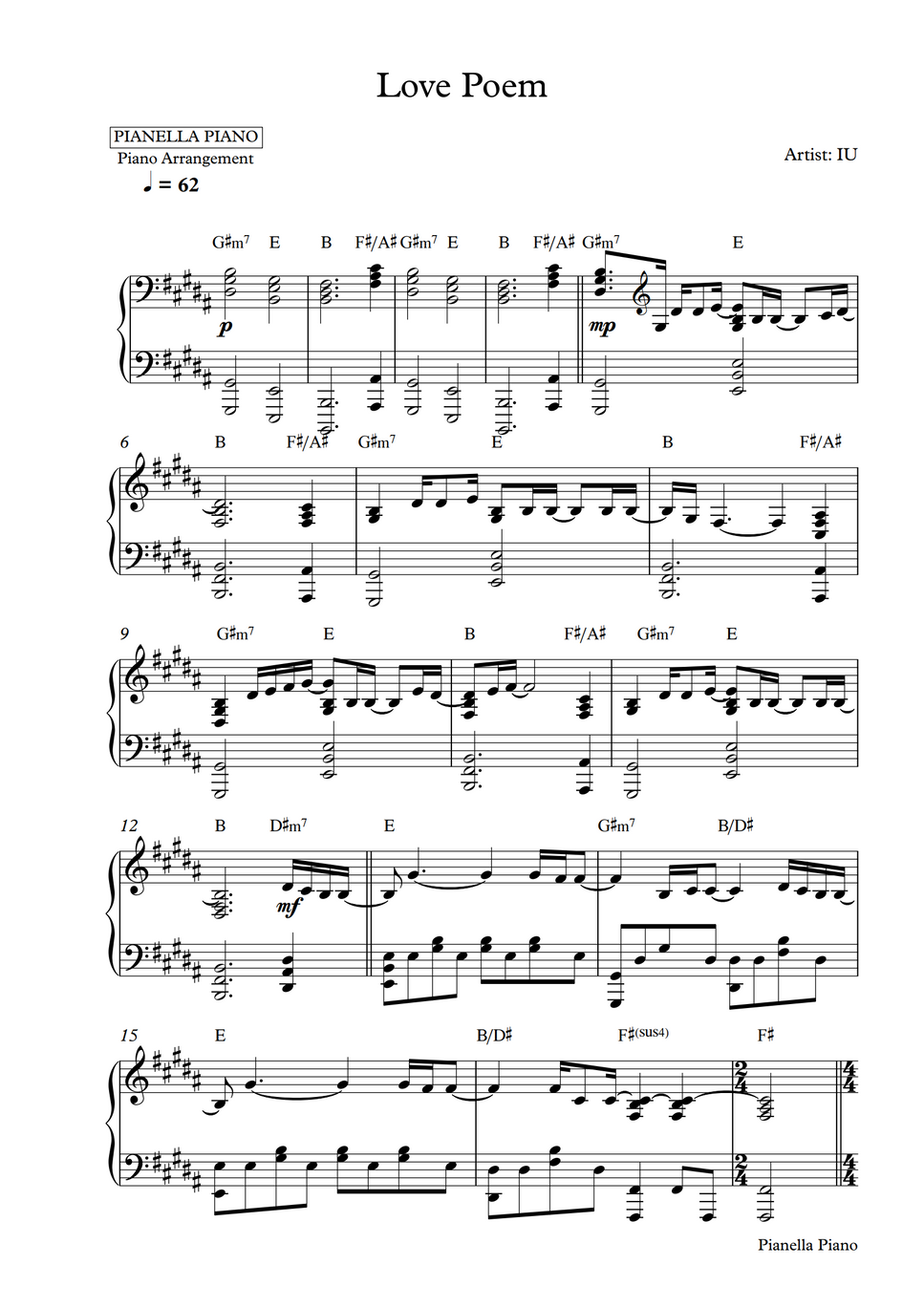 IU - Love Poem (Piano Sheet) by Pianella Piano Spartito
